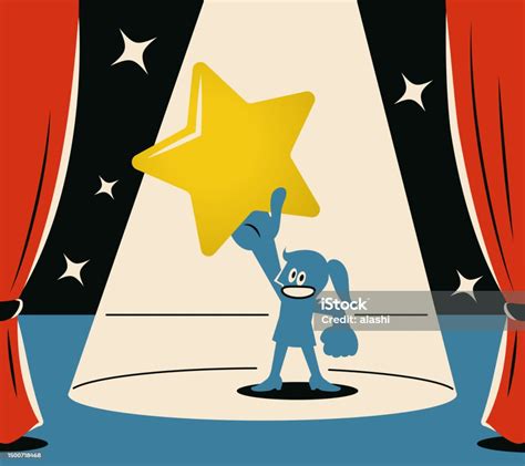 스포트라이트와 함께 무대 위에서 황금 별을 높이 들고 웃고 있는 파란 여성 박수갈채에 대한 스톡 벡터 아트 및 기타 이미지 박수갈채 상 여성 파워 Istock