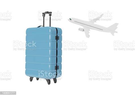 흰색 배경에 고립 된 바퀴와 비행기가있는 파란색 여행 가방 지퍼가있는 여행 가방 큰 수하물 트롤리 측면보기 휴일 관광 휴가 비행기로 비행 3d 렌더링 여행 가방에 대한 스톡