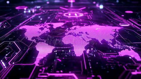 High Tech World Map Design Featuring Neon Purple Outlines And Digital