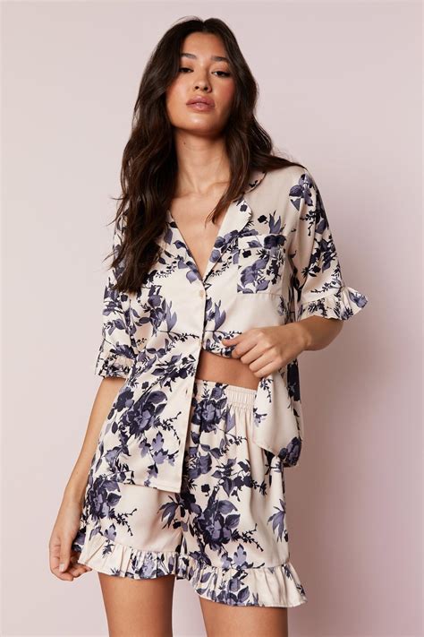 Satin Floral Ruffle Pajama Shorts Set Nasty Gal