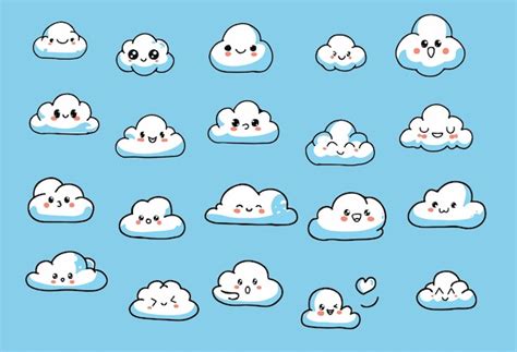 하늘과 날씨 디자인을 위한 귀여운 미소 짓는 만화 스타일의 구름 프리미엄 벡터