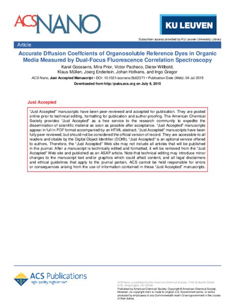 Pdf Accurate Diffusion Coefficients Of Organosoluble Reference Dyes In Organic Media Measured