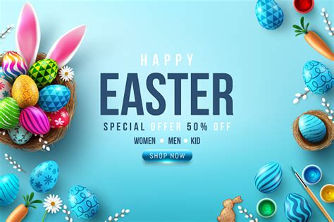 부활절 포스터와 전단지 템플릿 둥지에 부활절 달걀과 토끼 귀에 Bule 배경에 플랫 레이 스타일링으로 부활절 날을 위한 인사와 선물 부활절프로모션 및 쇼핑 템플릿 부활제에