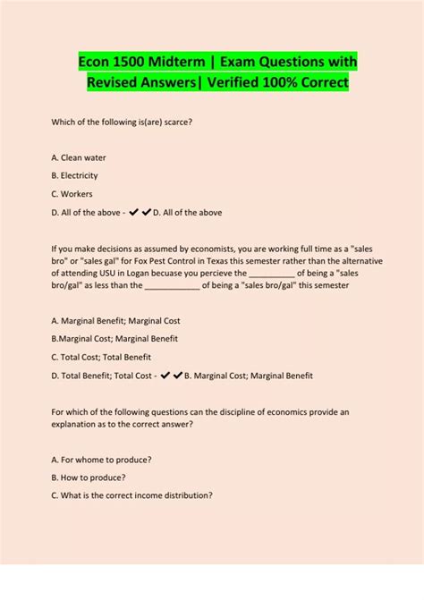 Econ 1500 Midterm Exam Questions With Revised Answers Verified 100 Correct Econ 1500