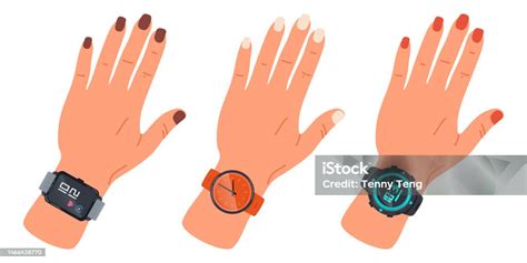 손목시계를 차고 있는 여성의 손 만화 여자 손 석영 아날로그 및 전자 시계 평면 벡터 일러스트 레이 션 세트 개체 그룹에 대한 스톡 벡터 아트 및 기타 이미지 Istock