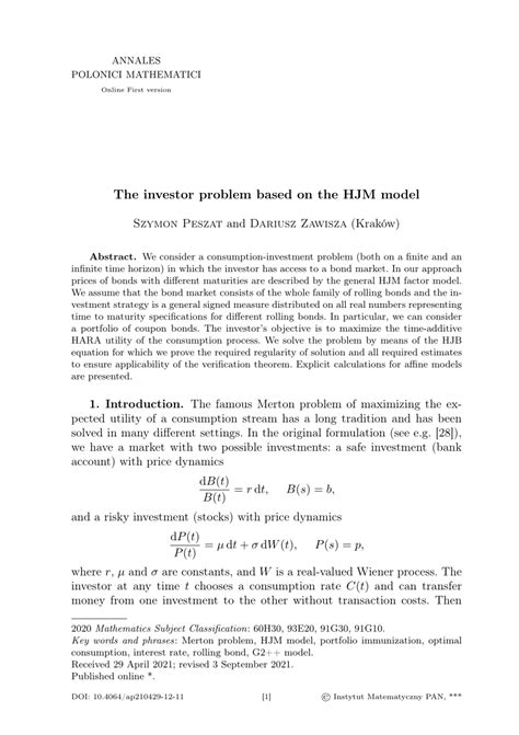 Pdf The Investor Problem Based On The Hjm Model