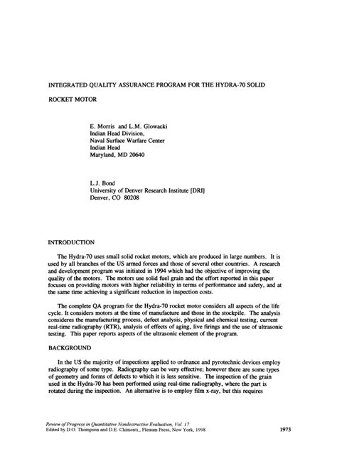 Integrated Quality Assurance Program For The Hydra 70 Solid Rocke Pdf Ultrasound Quality