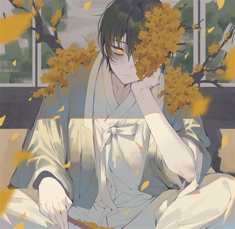 Safebooru 1boy Absurdres Bags Under Eyes Black Hair Branch Closed