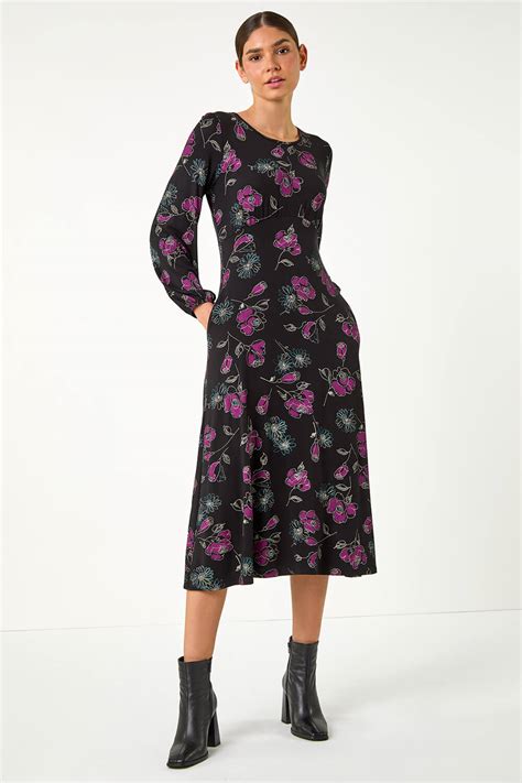 Purple Floral Empire Waist Midi Dress Roman Uk