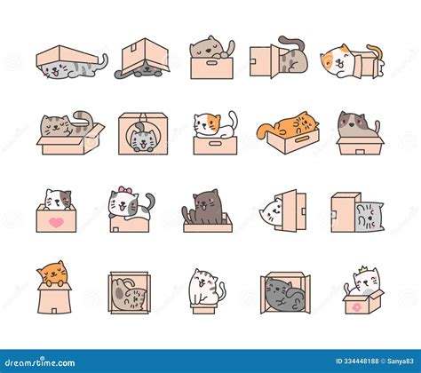 Cute Cat In A Box Funny Cartoon Character Poses Stock Vector Illustration Of Object Cute