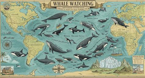 Vintage Style Illustrated Map Titled Whale Watching Presents Various
