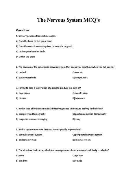 The Nervous System Mcqs Pdf Nervous System Neuron
