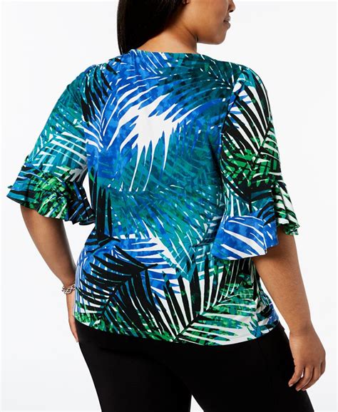 Calvin Klein Plus Size Printed Ruffle Sleeve Keyhole Top Macys