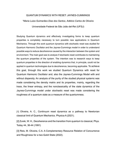 Pdf Quantum Dynamics With Reset Jaynes Cummings