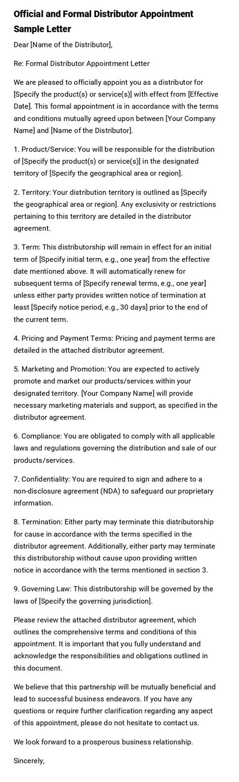 Distributor Appointment Letter Sample