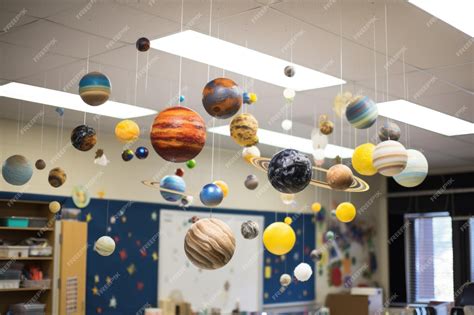 Premium Ai Image Solar System Model Hung In The Middle Of Classroom Ceiling