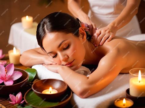 Relaxing Spa Scene Woman Receiving Back Massage Soft Lighting Flower In
