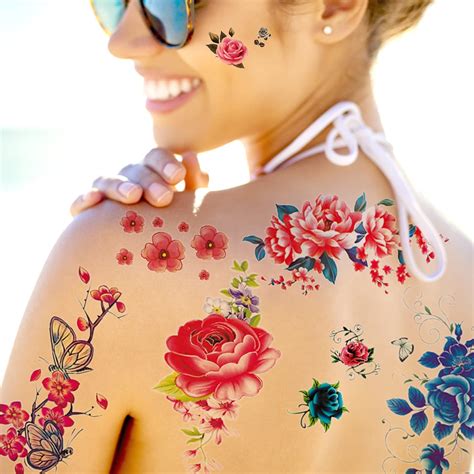 Buy Sheets Flower Temporary Tattoos For Women Roses Cherry Blossoms Fake Tattoos Realistic