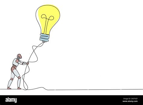 Single Continuous Line Drawing Robot Holding Flying Lightbulb Balloon With Rope Modern Robotics
