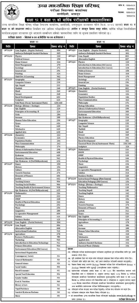 Hseb Exam Routine Of Grade And For The Year Bs