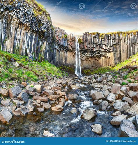 Amazing View Of Svartifoss Waterfall With Basalt Columns On South