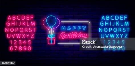 생일 축하 네온 간판 빛나는 알파벳 선물 상자가있는 다채로운 풍선 벡터 스톡 일러스트레이션 네온에 대한 스톡 벡터 아트 및 기타