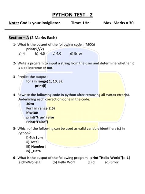 python test 2 time 1hr max marks 30 pdf