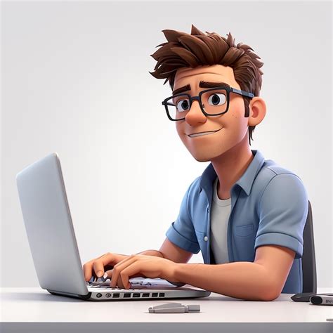 Premium Photo Young Guy Sitting In Front Of Laptop Man Work On Computer Freelancer 3d Render