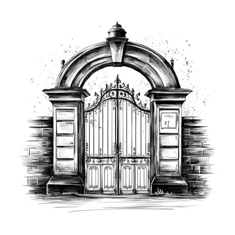게이트 단색 잉크 스케치 터 드로잉 조각 스타일 일러스트레이션 프리미엄 벡터