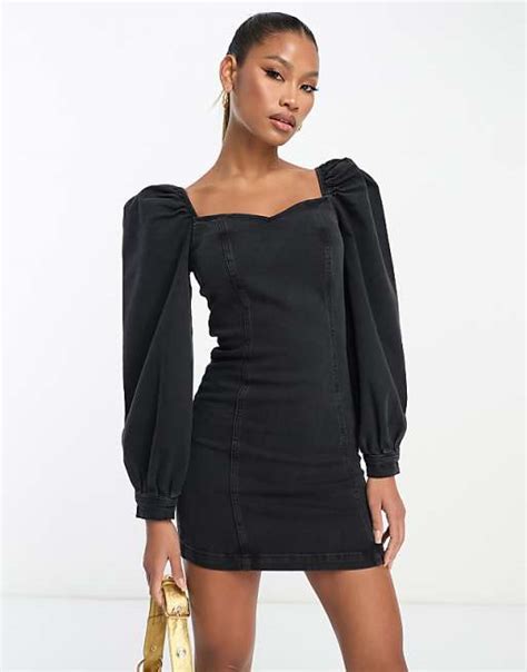 Asos Design Mini Jeanskleid Mit Puffärmeln In Verwaschenem Schwarz Asos