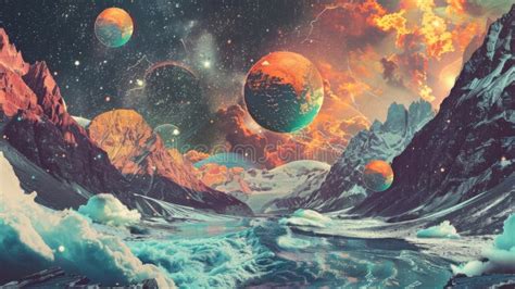 A Digital Art Piece Depicting A Surreal Landscape With Mountains