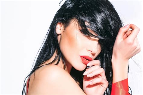 Premium Photo Sexy Woman With Red Lips Long Hair With Ribbon