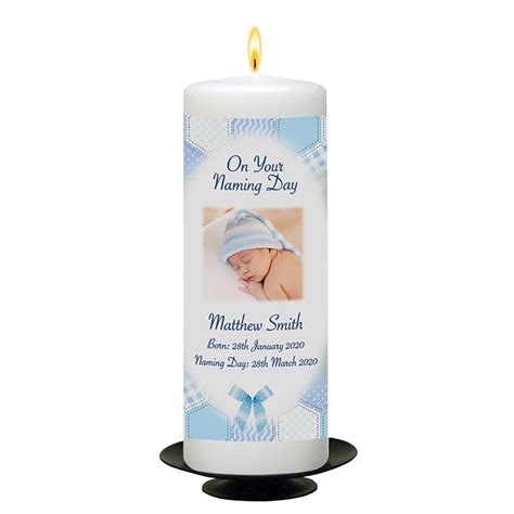 Personalised Naming Day Candle T Dots And Ribbon Blue With Photo