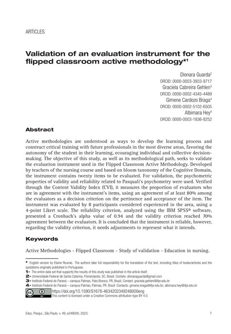 Pdf Validation Of An Evaluation Instrument For The Flipped Classroom