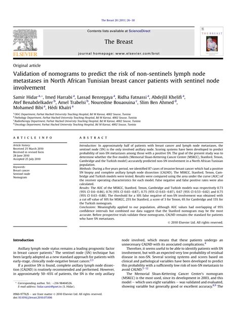 Pdf Validation Of Nomograms To Predict The Risk Of Non Sentinels Lymph Node Metastases In