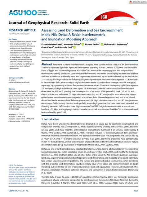 Jgr Solid Earth 2018 Gebremichael Assessing Land Deformation And Sea Encroachment In The