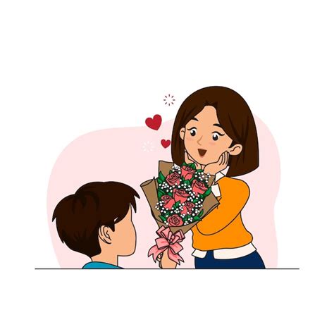 Chico Dando Flores A Su Novia Vector Premium
