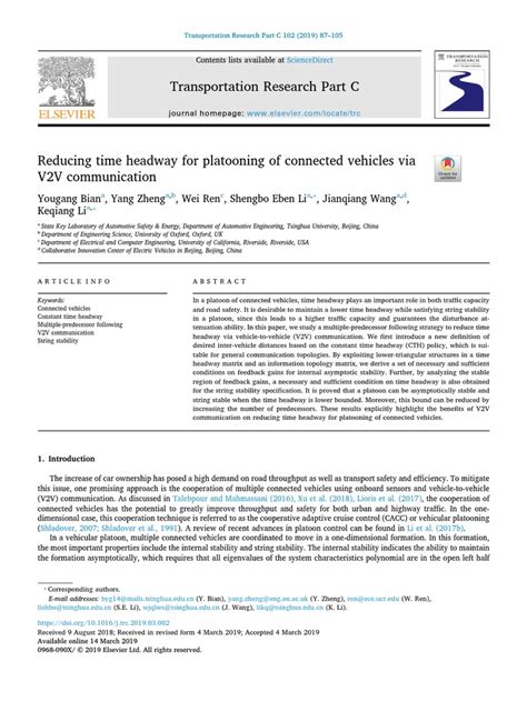 Reducing Time Headway For Platooning Of Connected Vehicles Via V2v Communicationtransportation