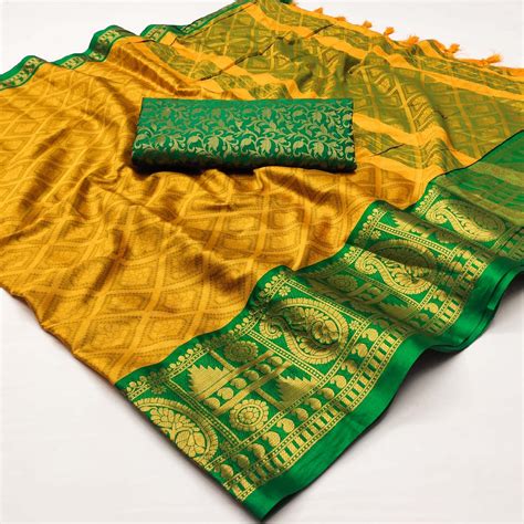Mustard Woven Cotton Silk Saree With Tassels