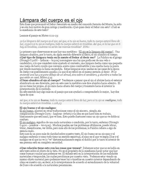 La Lámpara Del Cuerpo El Ojo Y Su Luz Pdf Pecado Cristo Título