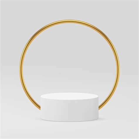 3d 백색 실린더 포디움 기단과 황금 원 프레임 현실적인 터 일러스트레이션 프리미엄 벡터