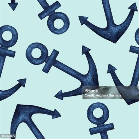 수채화 네이비 블루 앵커 매끄러운 패턴 바다 여행 해상 선박 항해 선박 부분 손으로 그린 해양 배경 질감 그래픽 프린트에 대한