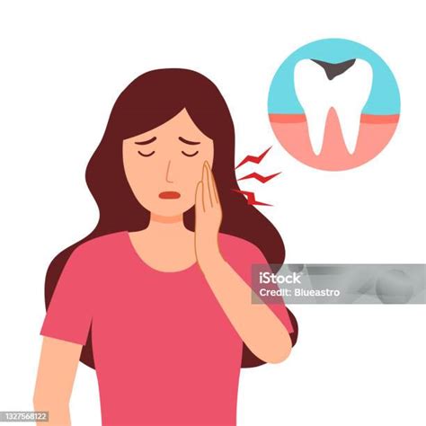 평평한 디자인에서 고통스러운 치통 캐릭터를 가진 여성 치과 문제 및 구강 치료 개념 치아 충치 치통에 대한 스톡 벡터 아트 및