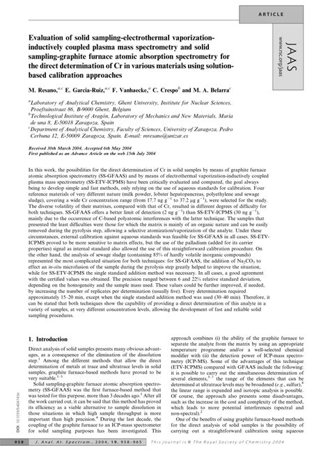 Pdf Evaluation Of Solid Sampling Electrothermal Vaporization Inductively Coupled Plasma Mass