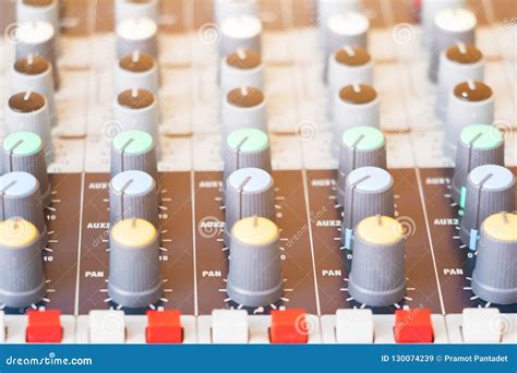 Close Up Volume Adjusting Knobs On Audio Mixer Controller In Control