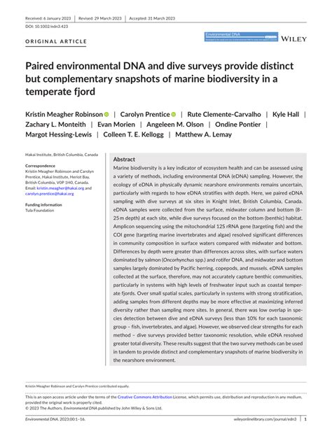 PDF Paired Environmental DNA And Dive Surveys Provide Distinct But Complementary Snapshots Of