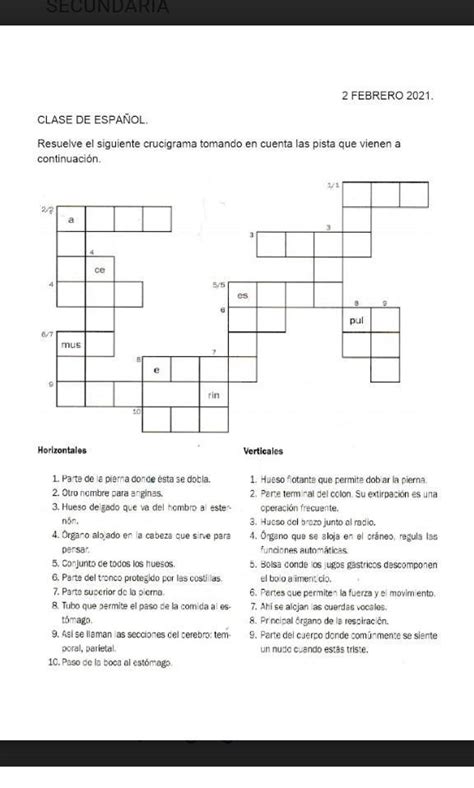 Clase de español resuelve el siguiente crucigrama tomando en cuenta
