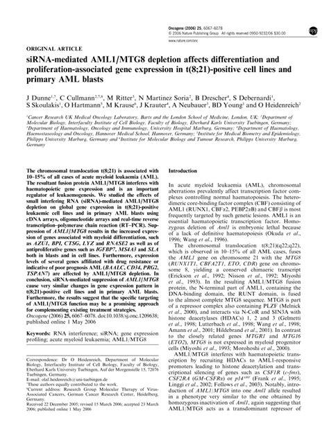 Pdf Sirna Mediated Aml1mtg8 Depletion Affects Differentiation And