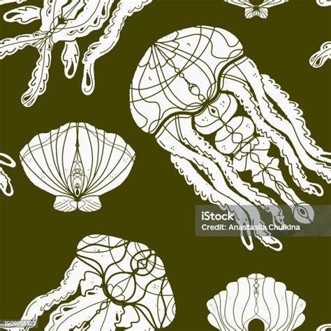 해파리 바다 생물 벡터 원활한 패턴입니다 미니멀리즘 스칸디나비아 스타일 리노컷 질감 히피 디자인 직물 인쇄 의류 벽지 종이 그런지 이미지 기법에 대한 스톡 벡터 아트 및