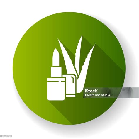 유기 립 밤 그린 플랫 디자인 긴 그림자 문 양 아이콘입니다 알로에 베라 추출물이 함유된 유기농 화장품 약초와 립케어 피부과 및 스킨 케어 실루엣 Rgb 컬러 일러스트 0